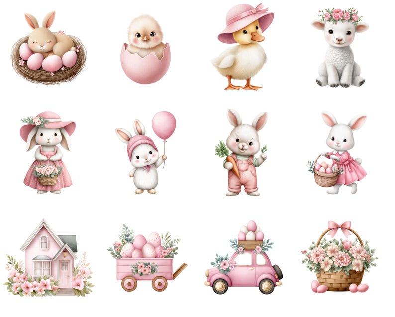 Pink Easter Watercolor Clipart Bundle. Bunny, Rabbit, Eggs, Commercial ...