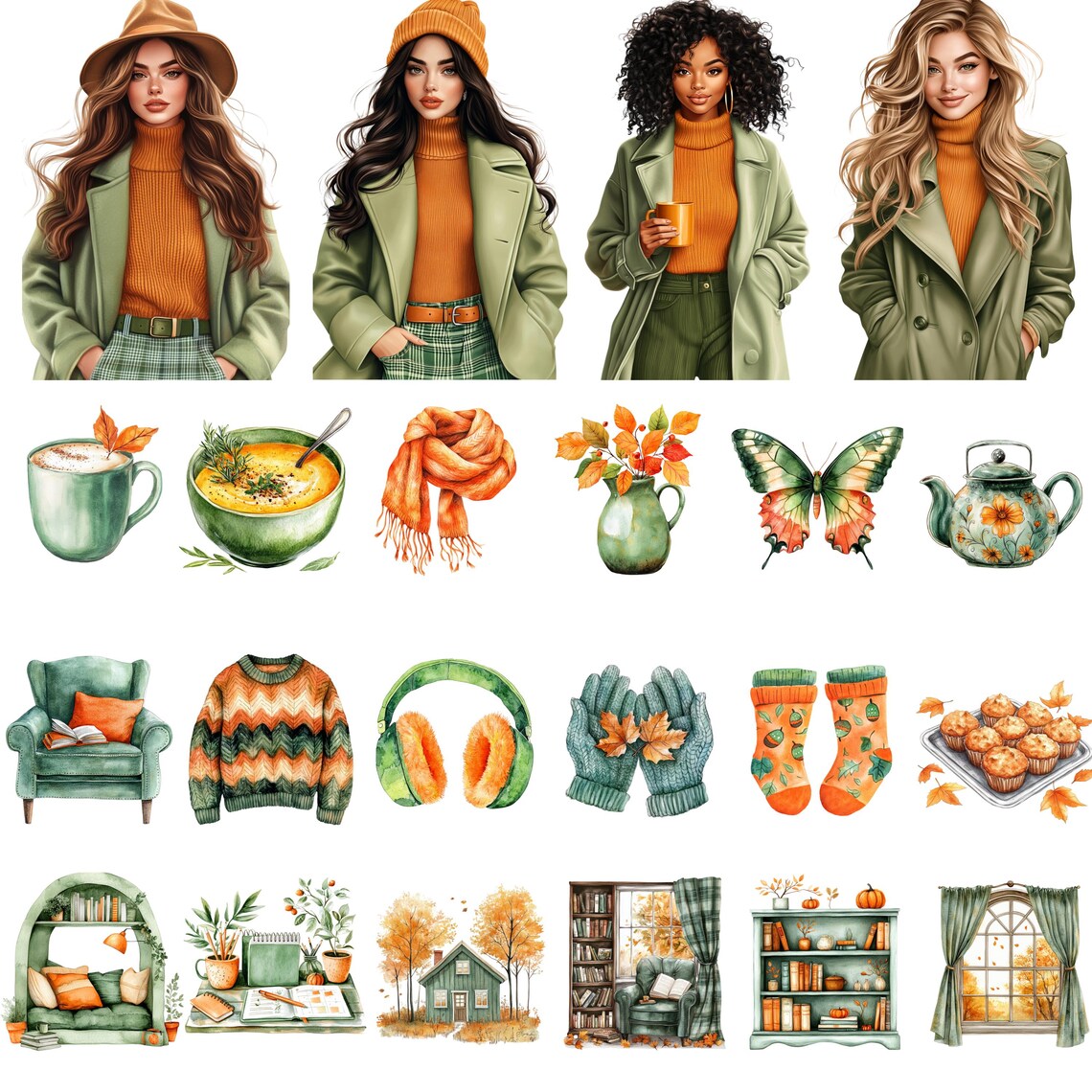 Watercolor Fall Clipart Bundle, Cozy Autumn PNG, Pumpkin & Fall Leaves ...