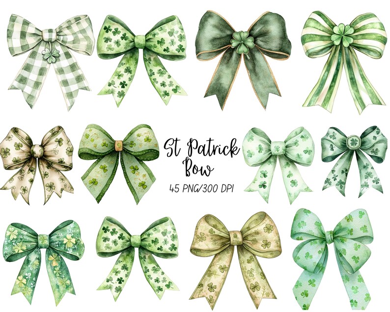 St. Patrick's Day Clipart, Watercolor Bows, Irish Bows Clipart, Green ...