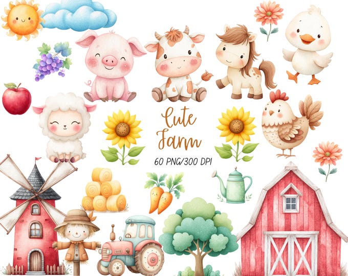 Cute Farm Animals Clipart 83 PNG Watercolor Cute Animal Baby Farm ...