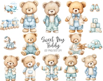 Watercolor Teddy Bear Clipart Set, Little Gentlemen Cute Baby Boy ...