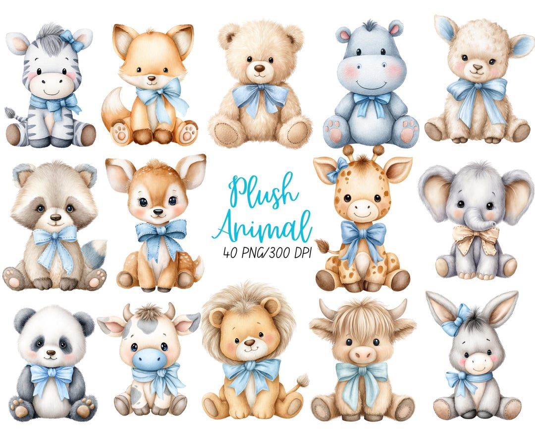 Watercolor Blue Vintage Plush Animals Clipart Bundle, Nursery Animal ...