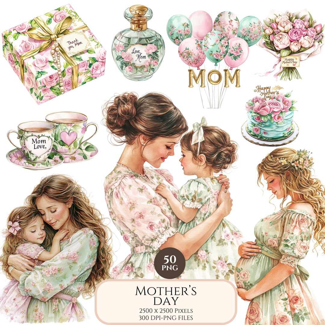 Watercolor Mother’s Day Clipart, Mom and Me, Floral Mother’s Day Mother ...