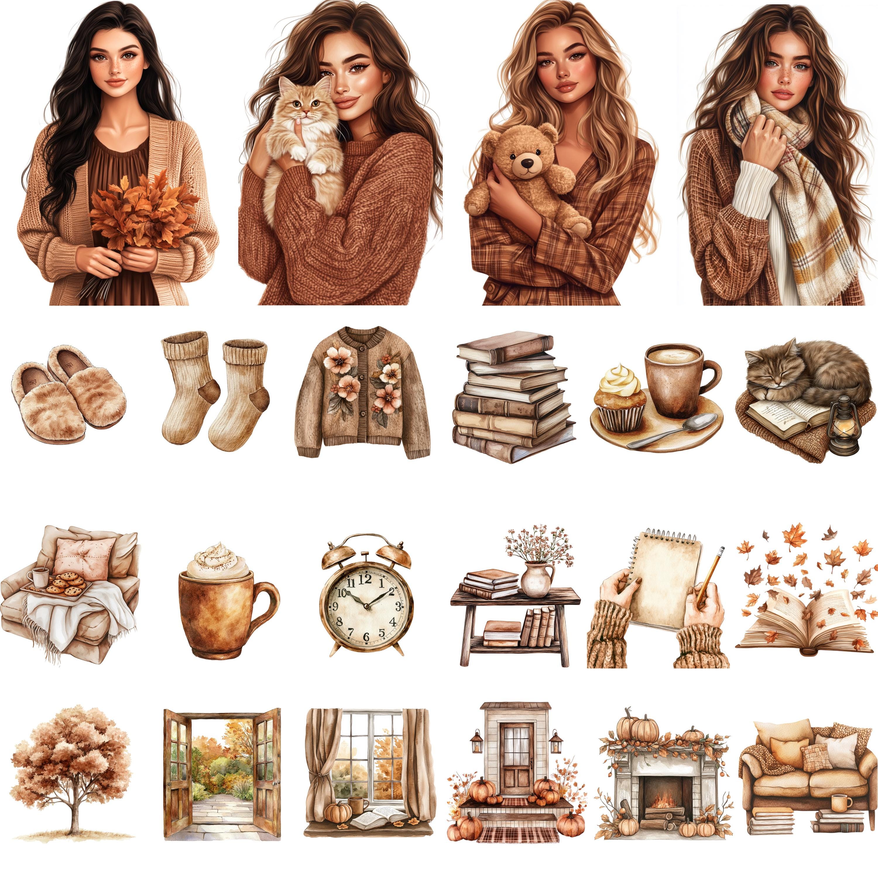 Cozy Fall Clipart Bundle, Watercolor Autumn Graphics, Coffee & Floral ...