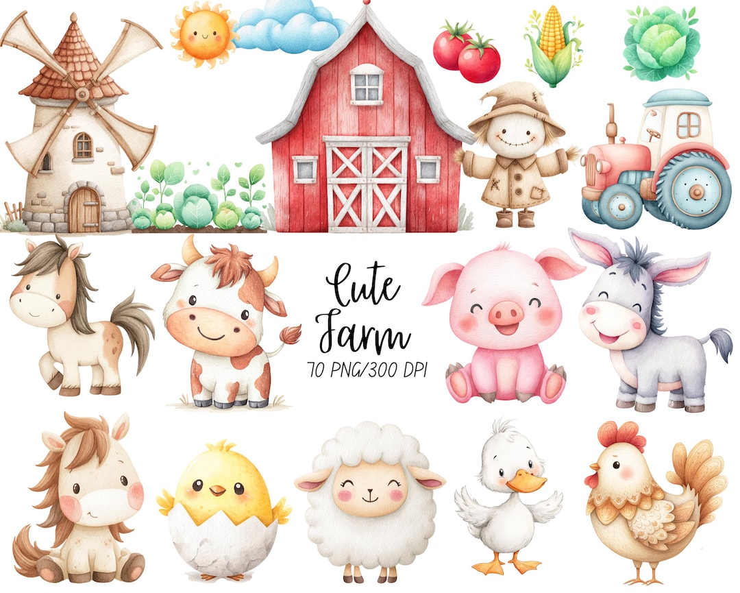 Cute Farm Clipart, Farm Animals Watercolor Digital Clipart, Farm ...