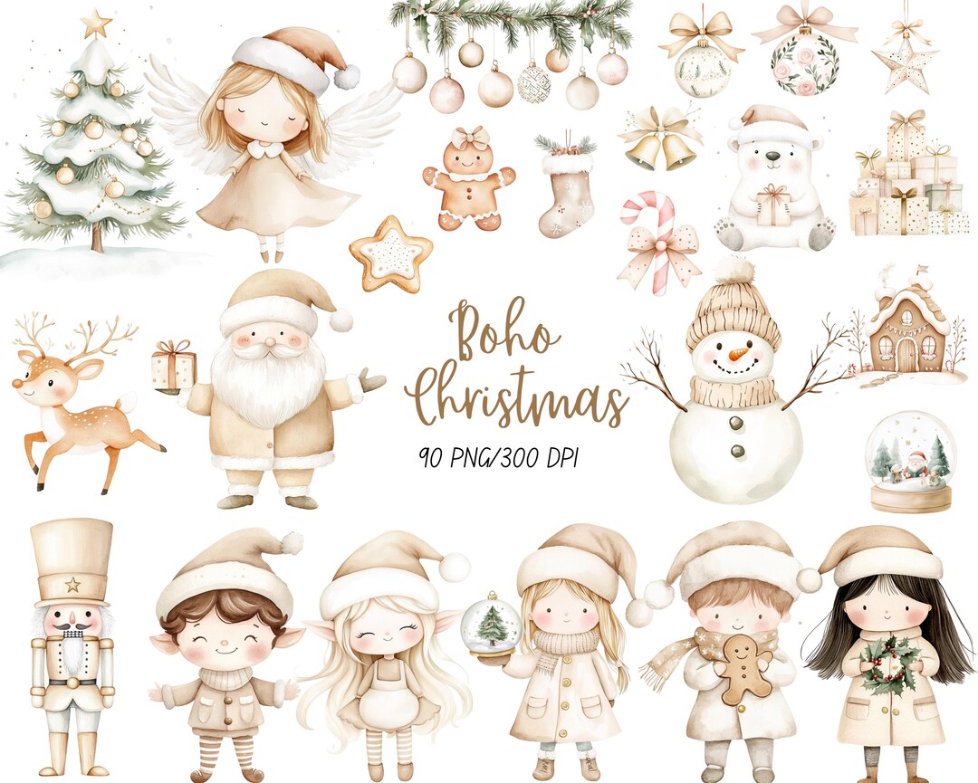 Boho Christmas Clipart Bundle: Neutral Characters PNG (digital Download ...