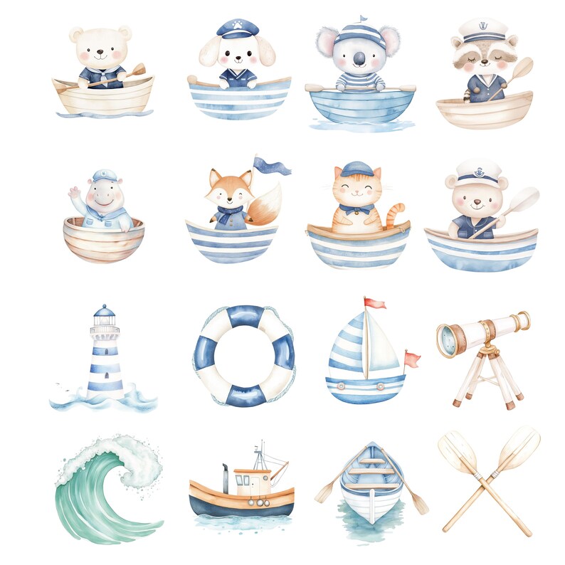 Cute Nautical Clipart, Coastal Animals & Sailors, Navy Boat, Lighthouse ...