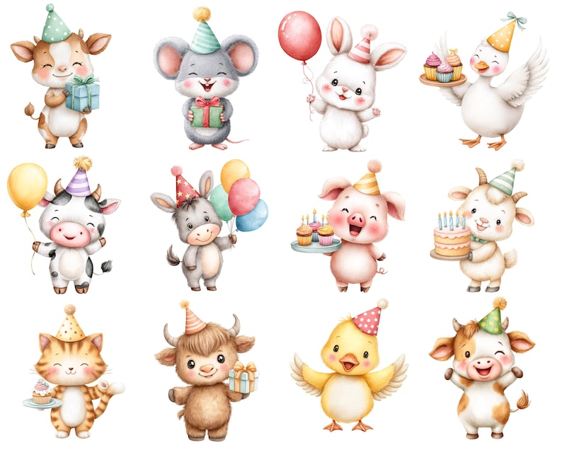 Watercolor Birthday Barn Clipart, Farm Animal Birthday PNG, Kids Party ...