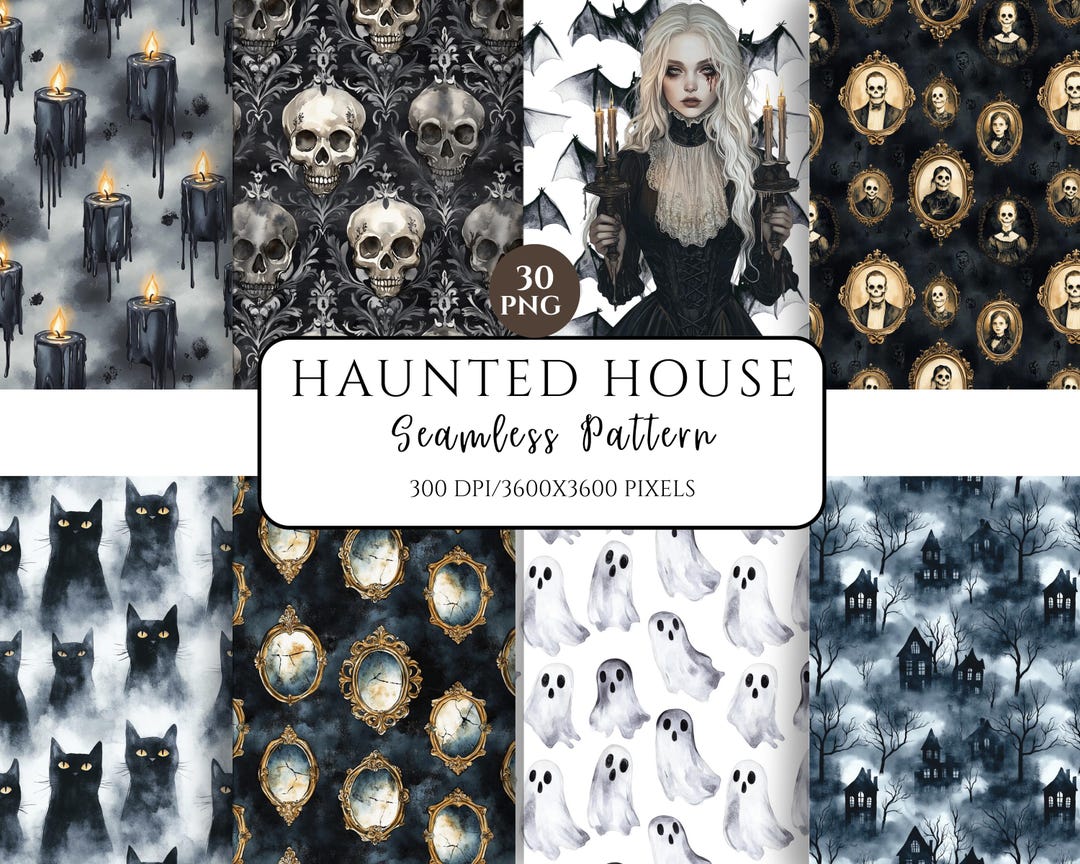 Watercolor Haunted House Seamless Patterns, Creepy Halloween Pattern ...