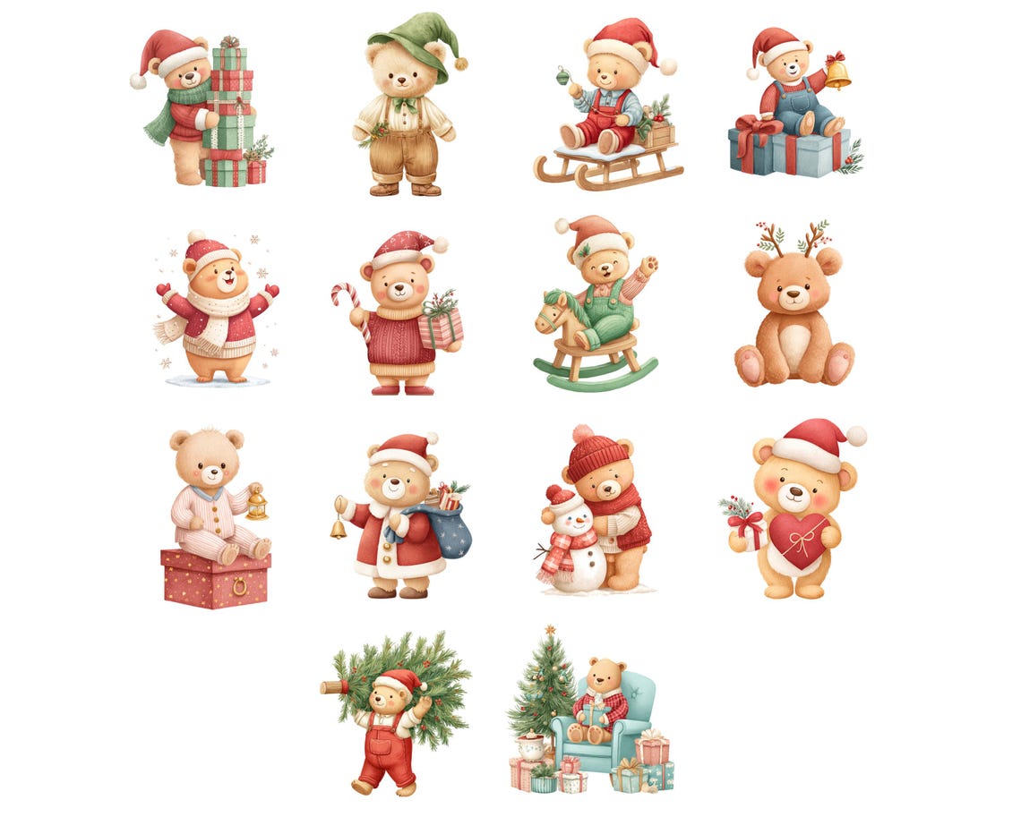Watercolor Christmas Teddy Bear Clipart Set: PNG Elements (commercial ...