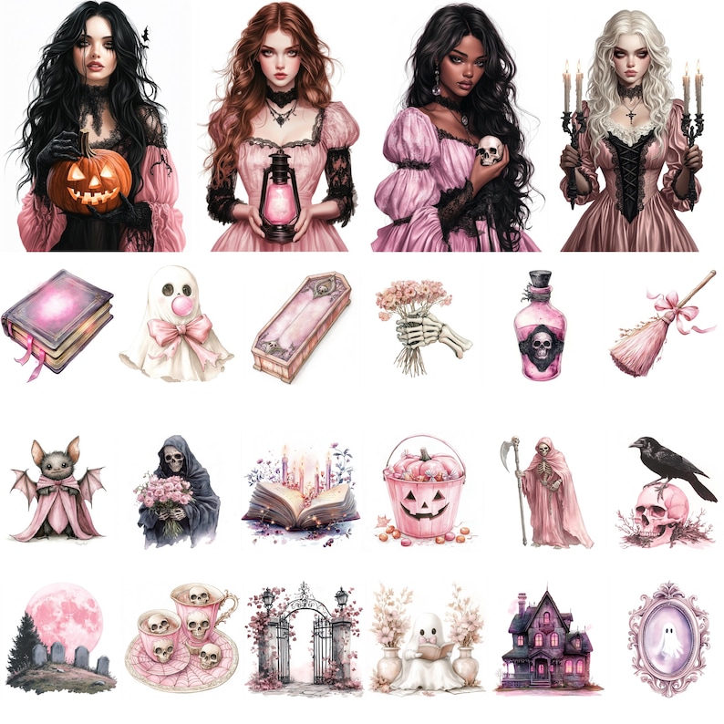Watercolor Pink Halloween Clipart, Pastel Spooky PNG, Soft Feminine ...