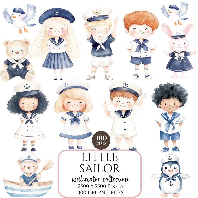 Cute Nautical Clipart, Coastal Animals & Sailors, Navy Boat, Lighthouse ...