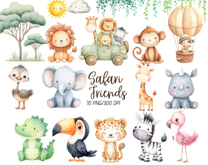 Watercolor Safari Portraits Clipart, Cute Animals Clipart, Baby Animals ...