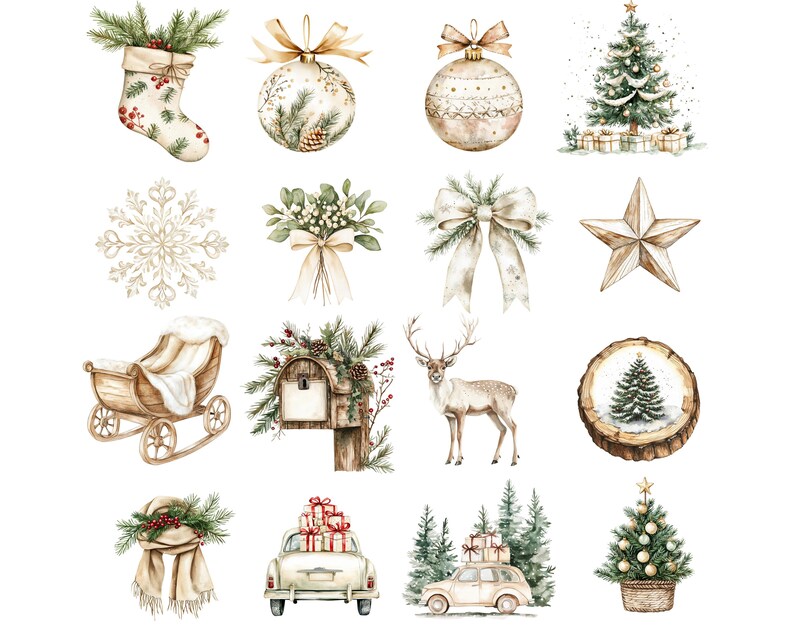 Rustic Christmas Clipart Bundle: Watercolor Ornaments, Wreaths (PNG ...