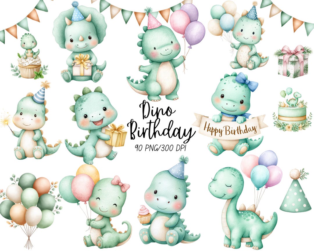 Dino Birthday Clipart: Watercolor Dinosaurs, Party Decor (PNG) - Etsy