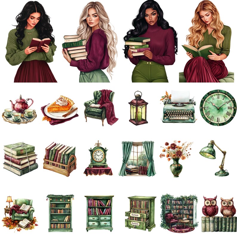 Watercolor Autumn Library Clipart, Fall Bookworm PNG, Cozy Books ...