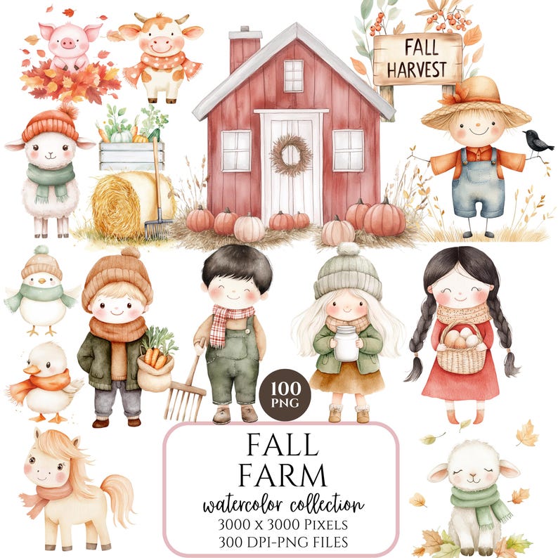 Fall Farm Clipart Bundle, Autumn Kids & Animals PNG, Whimsical Pumpkins ...