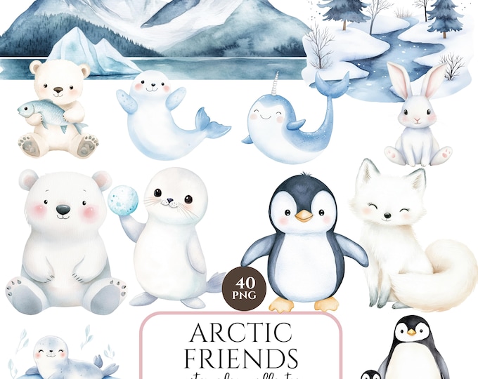 Cute Arctic Animals Clipart - Watercolor Clipart - Winter Animals ...