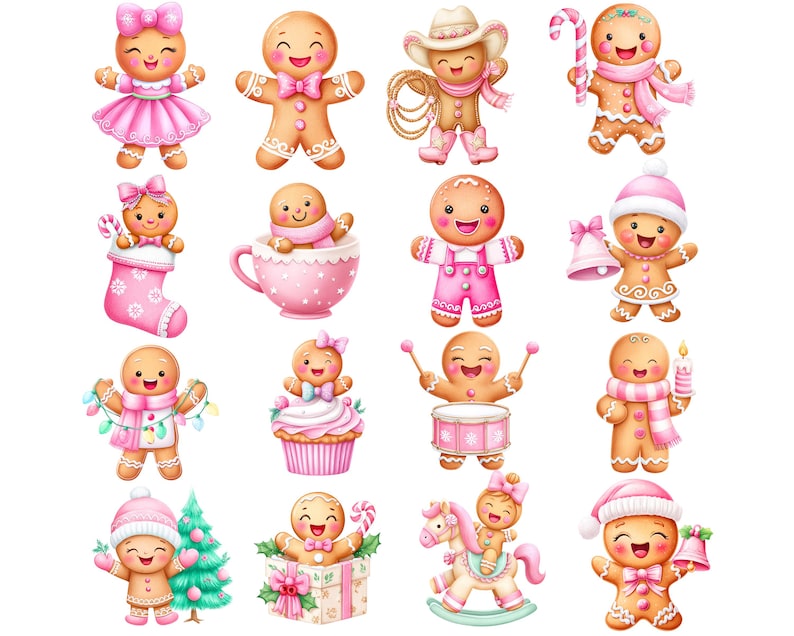 Pink Gingerbread Clipart Bundle, Watercolor, Christmas Png, Gingerbread ...