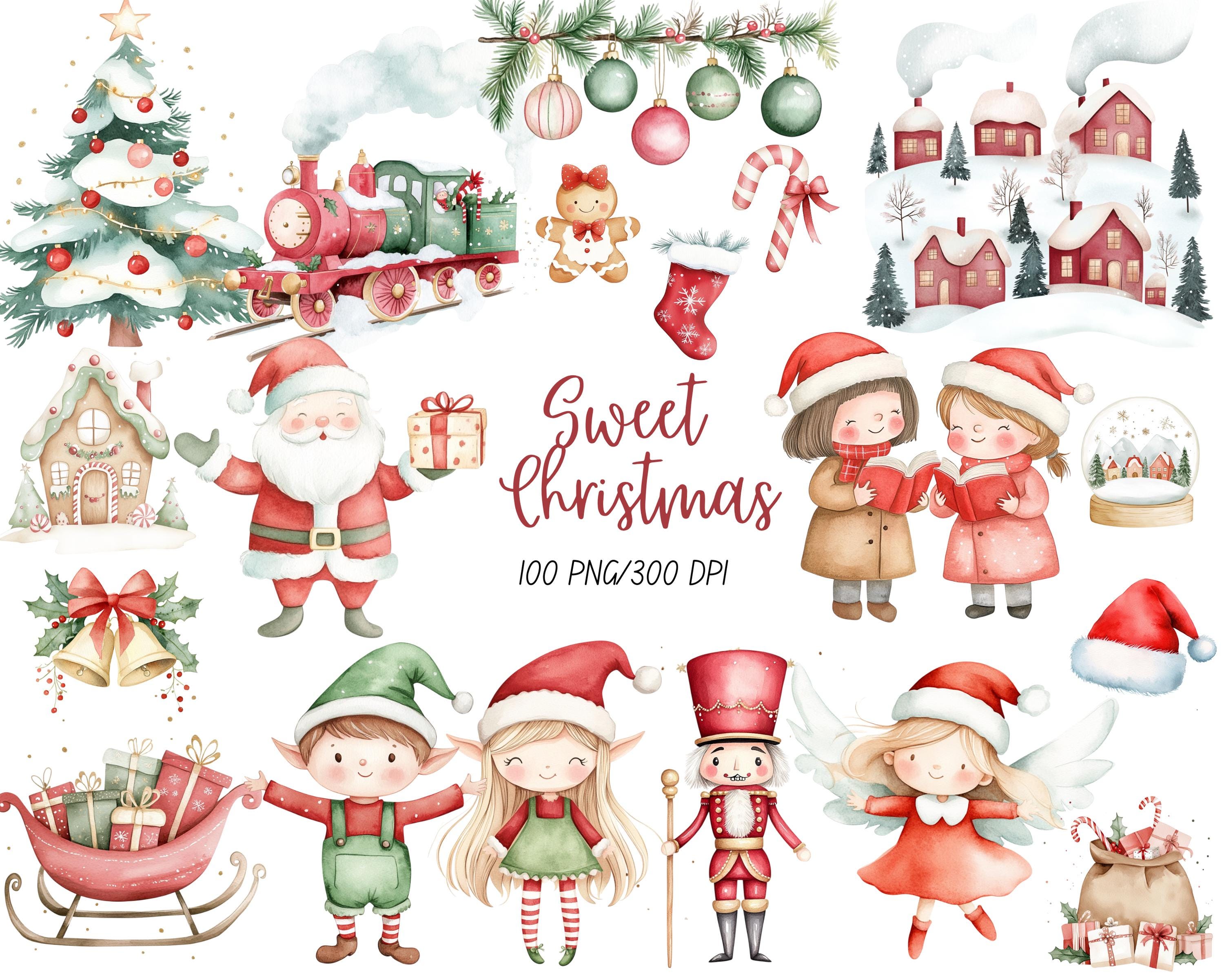 Watercolor Cute Christmas Clipart, Sweet Xmas PNG, Santa Claus Clip Art ...