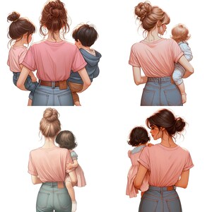 22 PNG Messy Bun Mom Clipart Bundle, Watercolor Mother and Children ...