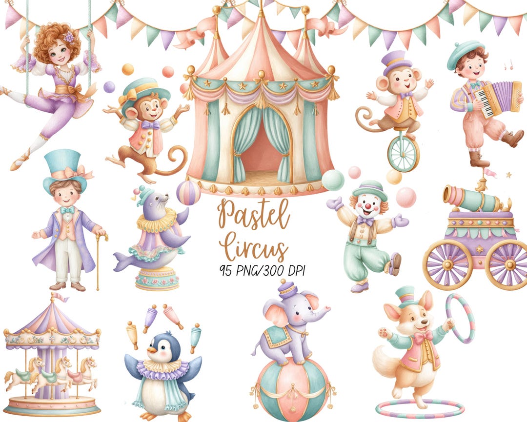 Pastel Circus Clipart, Watercolor, Carnival Clipart, Circus PNG, Cute ...