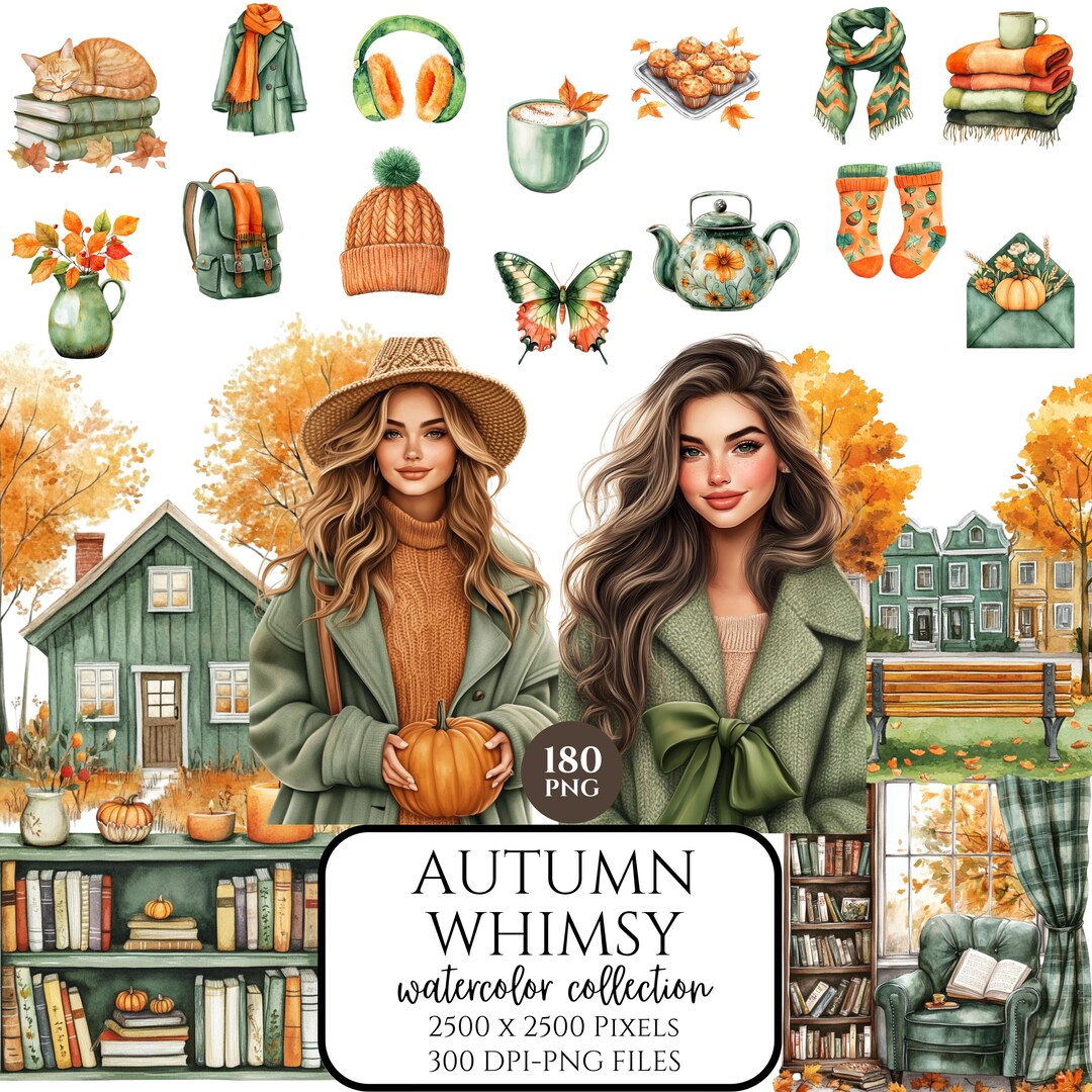 Watercolor Fall Clipart Bundle, Cozy Autumn PNG, Pumpkin & Fall Leaves ...