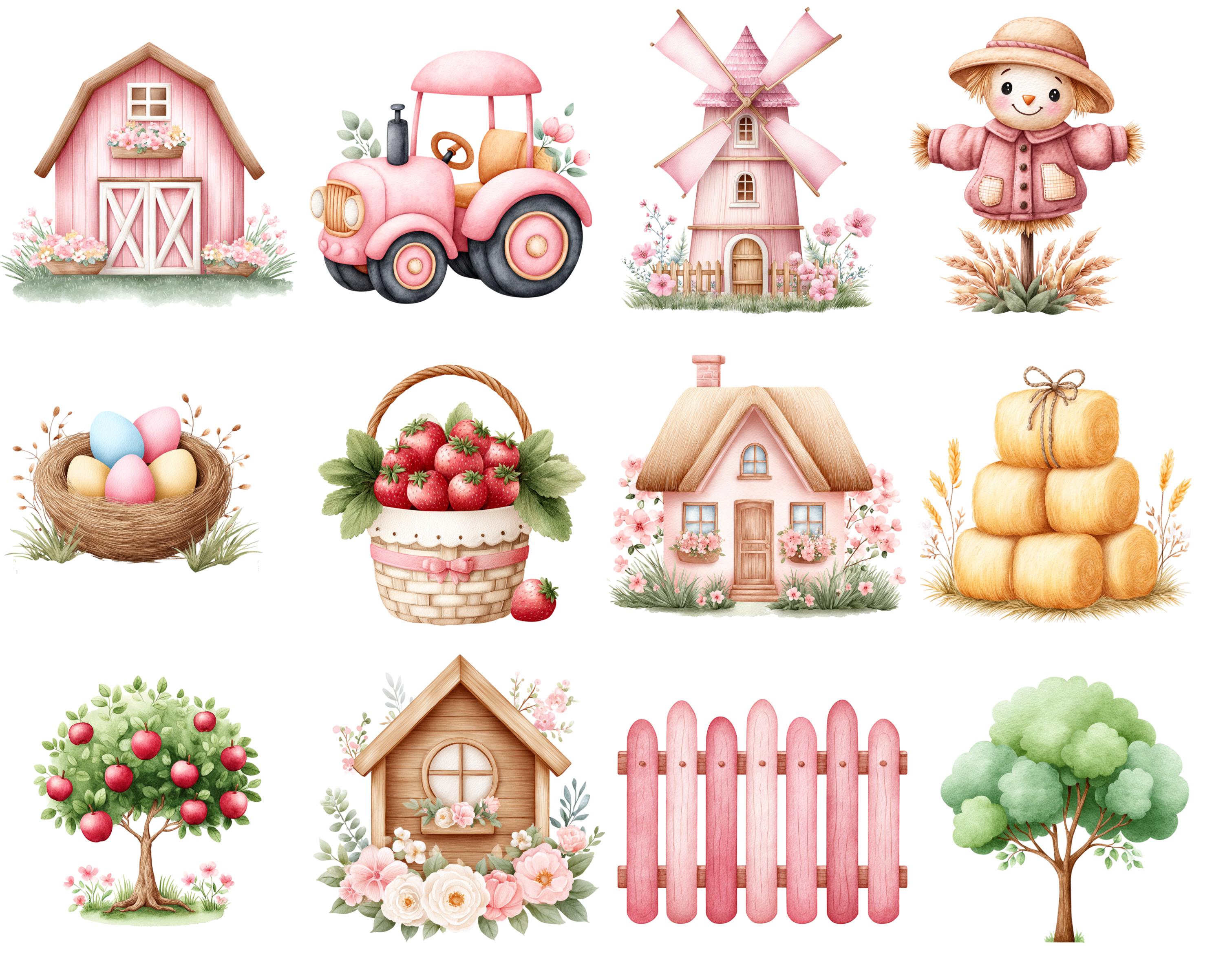Pink Farm Clipart, Cute Farm Animals PNG, Barnyard Baby Shower, Digital ...