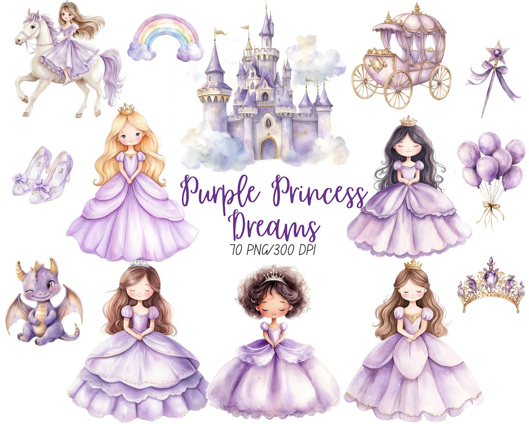 Purple Princess Clipart Watercolor Birthday Princess Clipart Cute ...