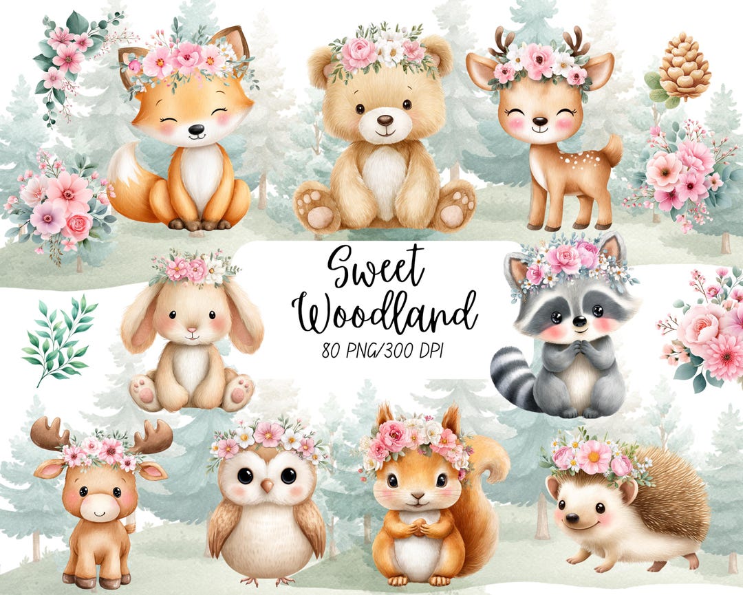 Woodland Baby Animals Clipart Bundle, Watercolor Forest Animal PNG ...