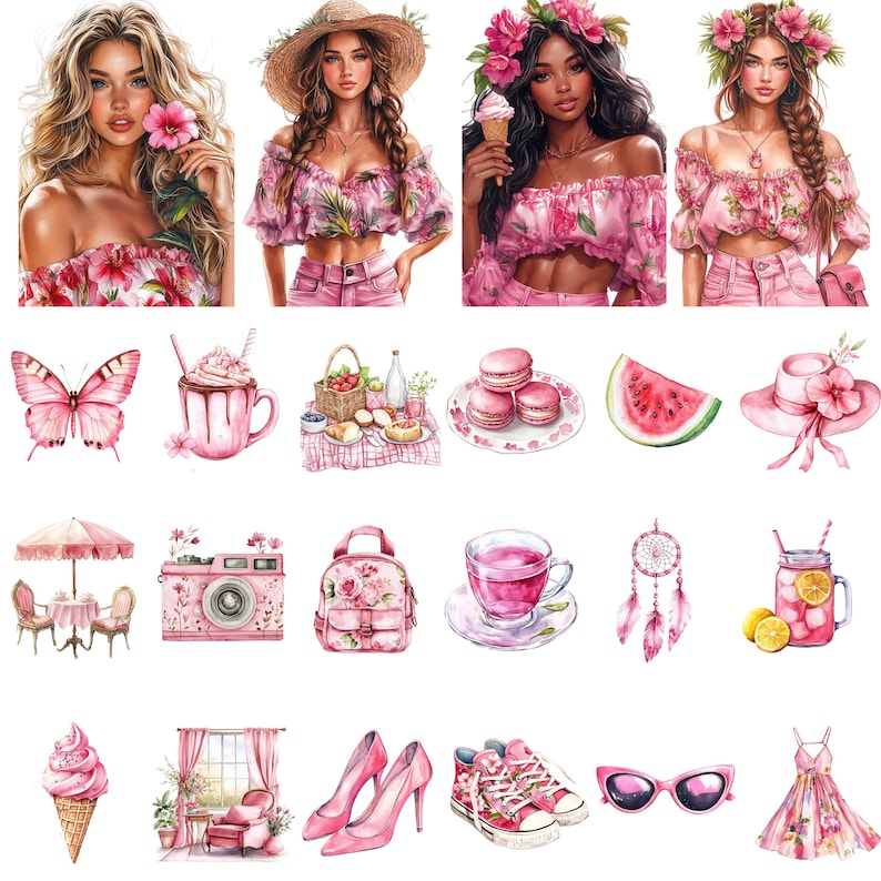 Watercolor Summer Floral Clipart, Beach and Pink Cottagecore PNG, Cute ...