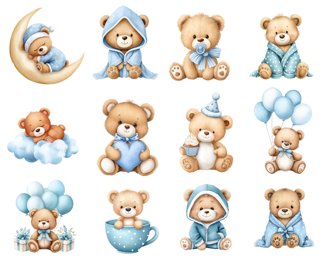 Teddy Bear Clipart Watercolor Baby Blue Boy Teddy Bear Nursery Art Baby ...