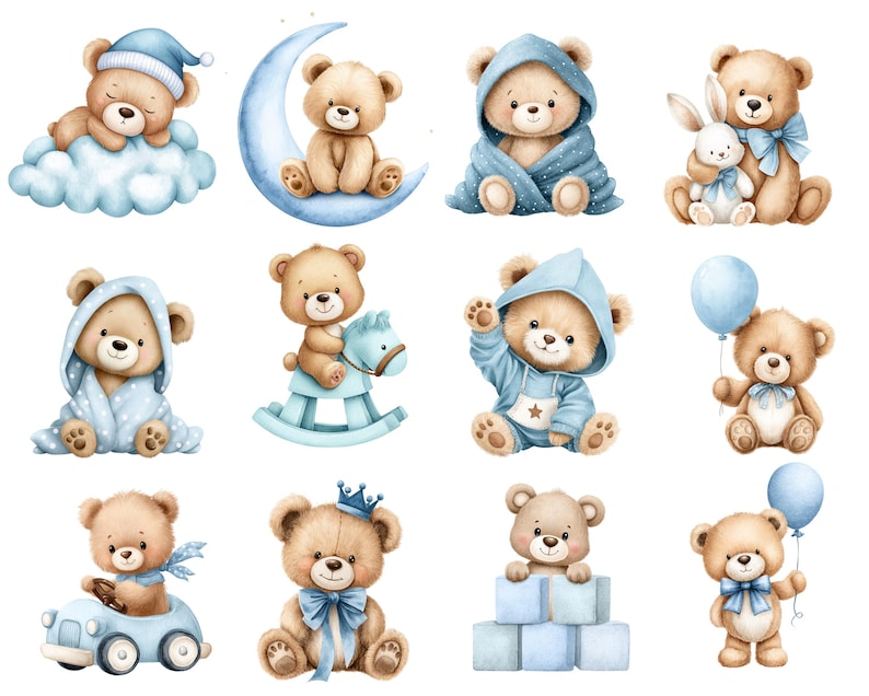 Teddy Bear Clipart Watercolor Baby Blue Boy Teddy Bear Nursery Art Baby ...