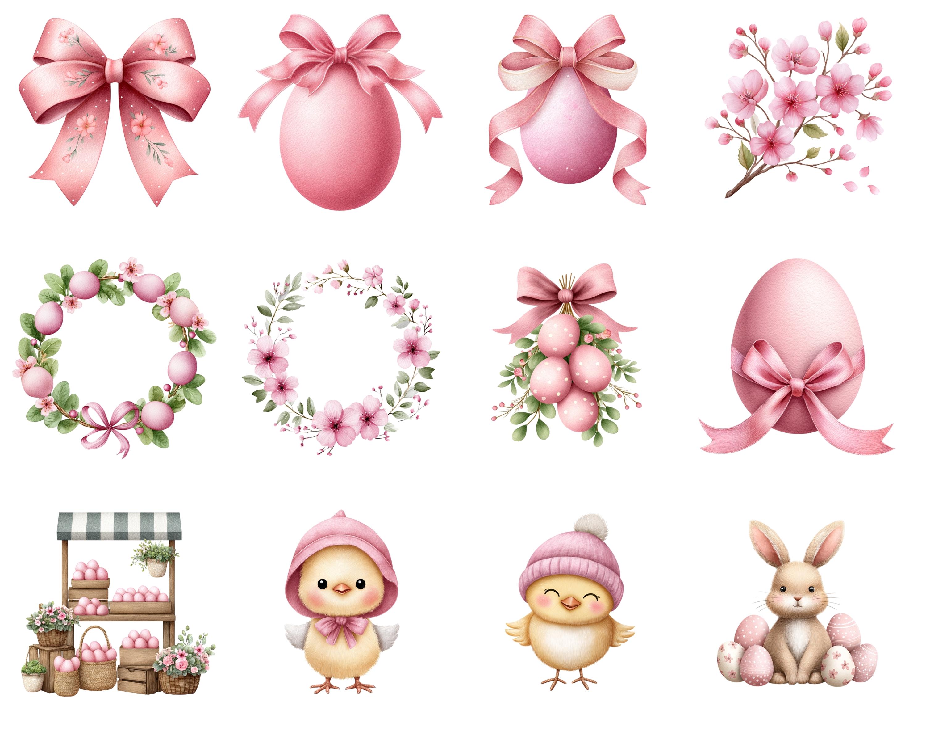 Pink Easter Watercolor Clipart Bundle. Bunny, Rabbit, Eggs, Commercial ...