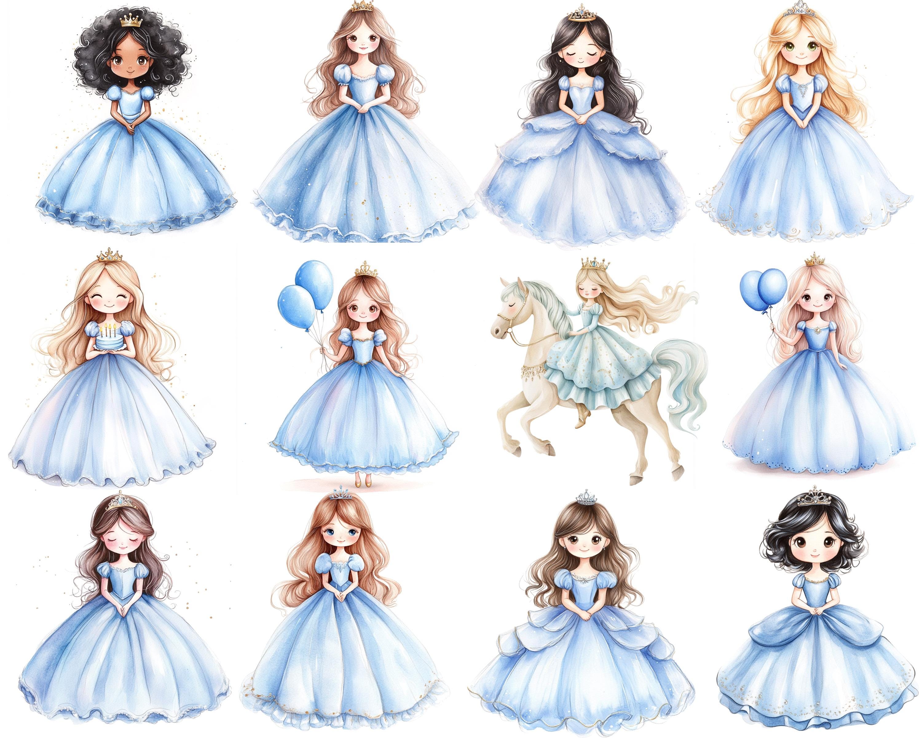 Watercolor Blue Princess Clipart Bundle: Fairytale PNG Graphics ...