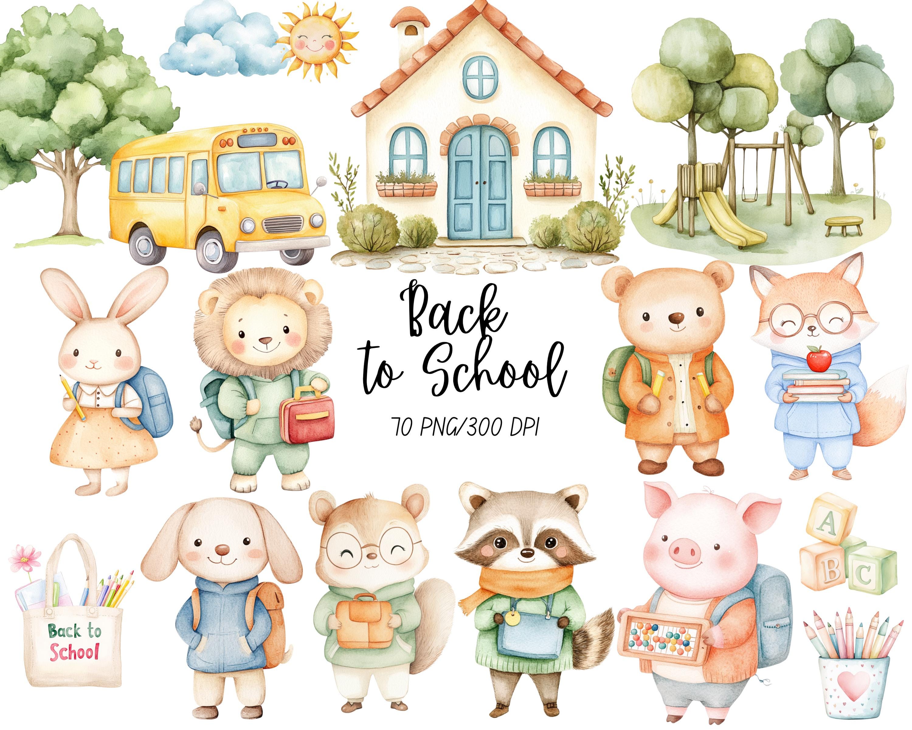 Back to School Animal Clipart: Watercolor Nursery PNG Bundle ...