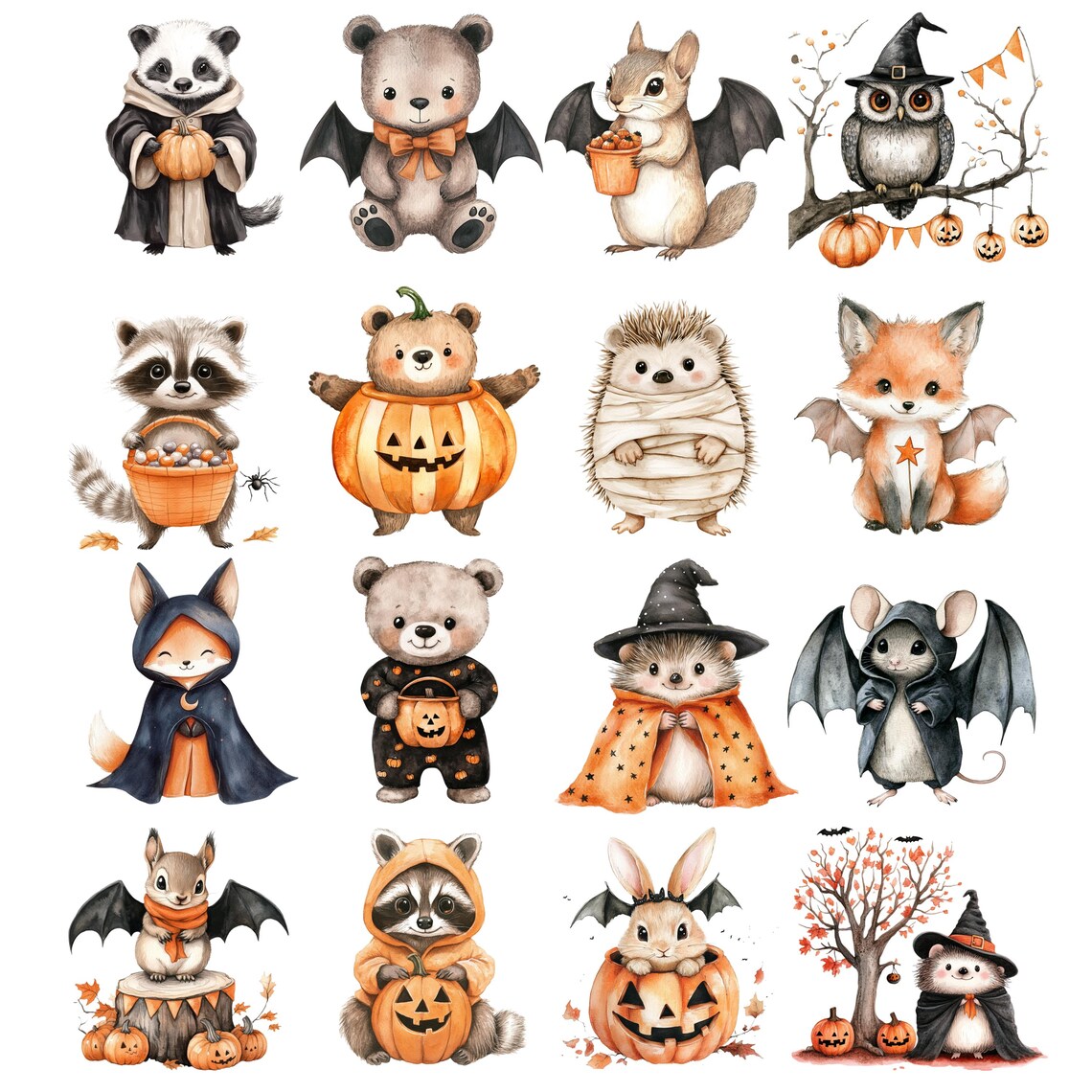 Halloween Woodland Animals Clipart Bundle, Cute Fall Halloween PNG ...