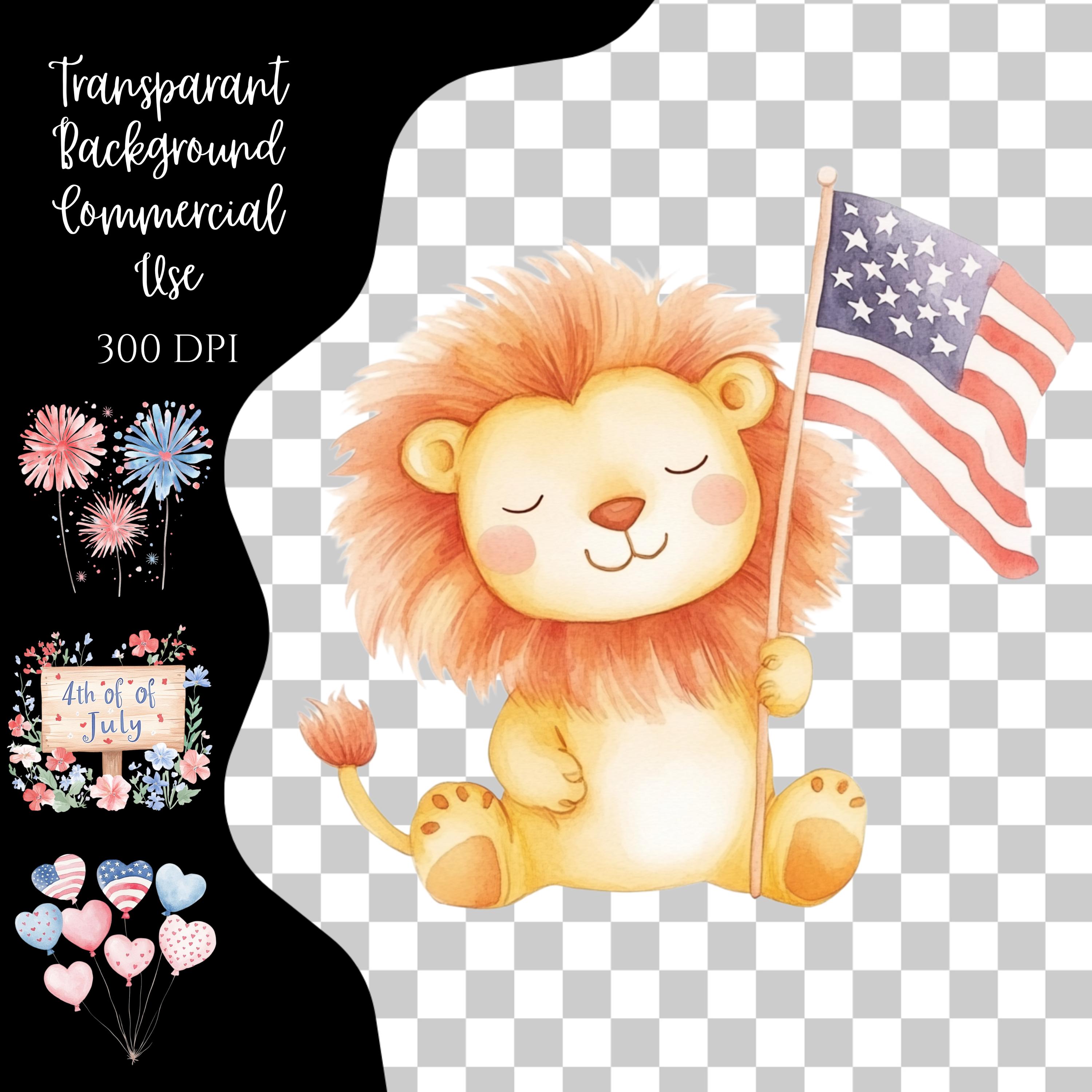 4th of July Cute Animals Clipart, Watercolor Independence Day, Bear Fox ...