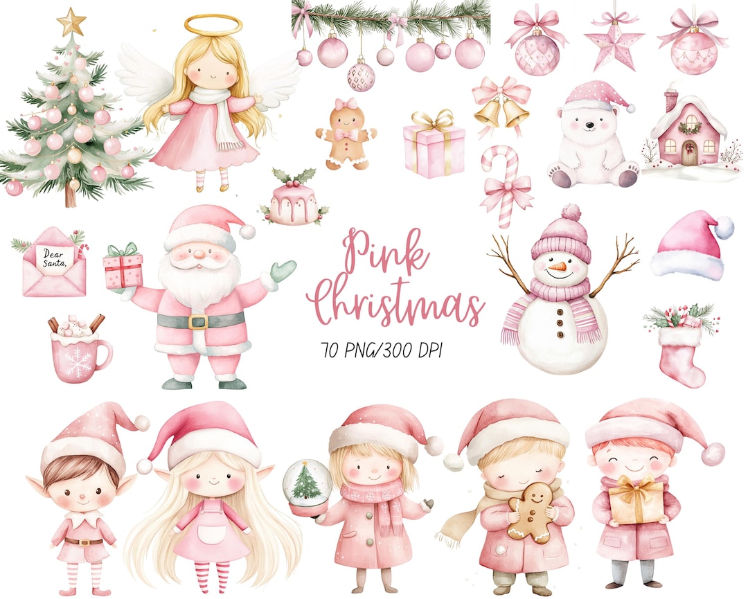 Cute Pink Christmas Kids Clipart Bundle – Pastel Xmas PNG – Santa ...