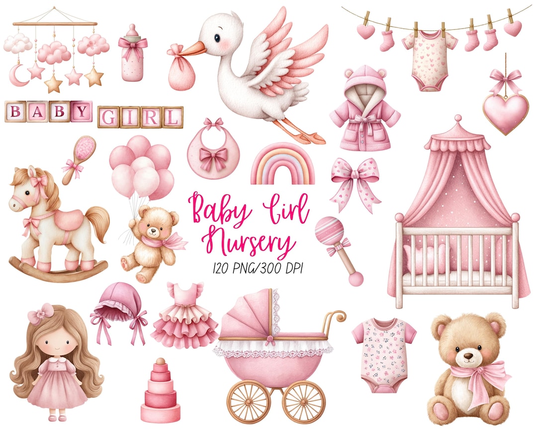 Pink Boho Nursery Clipart: Watercolor Baby Girl Animals (digital ...