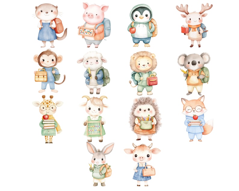 Back to School Animal Clipart: Watercolor Nursery PNG Bundle ...