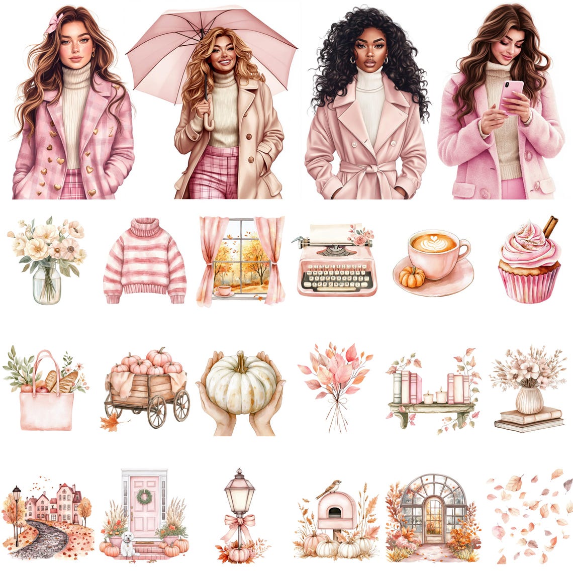 Watercolor Fall Clipart Set, Blushing Fall, Autumn PNG, Pink Pumpkins ...