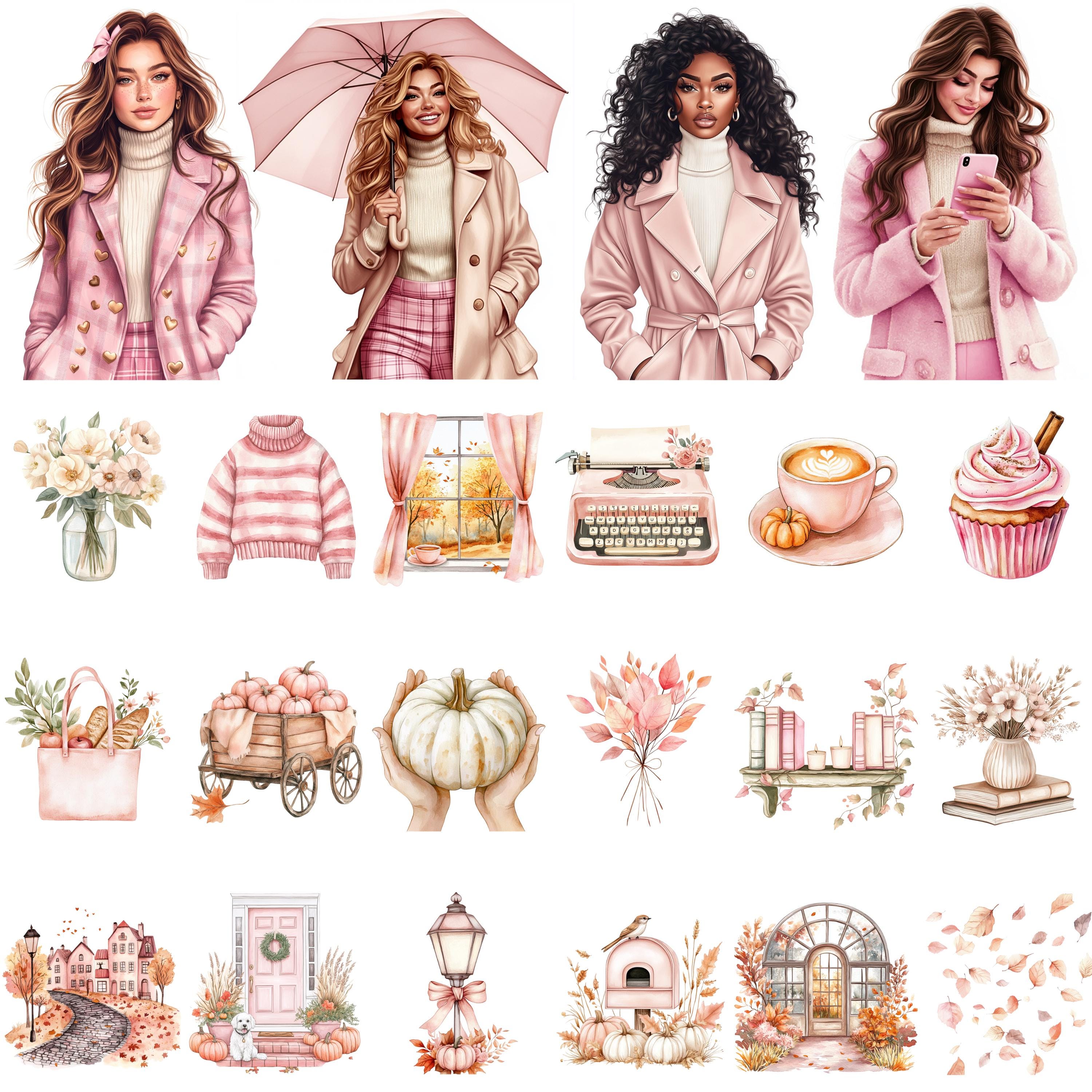 Watercolor Fall Clipart Set, Blushing Fall, Autumn PNG, Pink Pumpkins ...