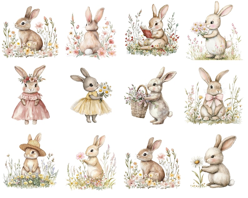 Watercolor Easter Bunnies Clipart, Bunny Girl PNG, Pink Bunnies Clipart ...