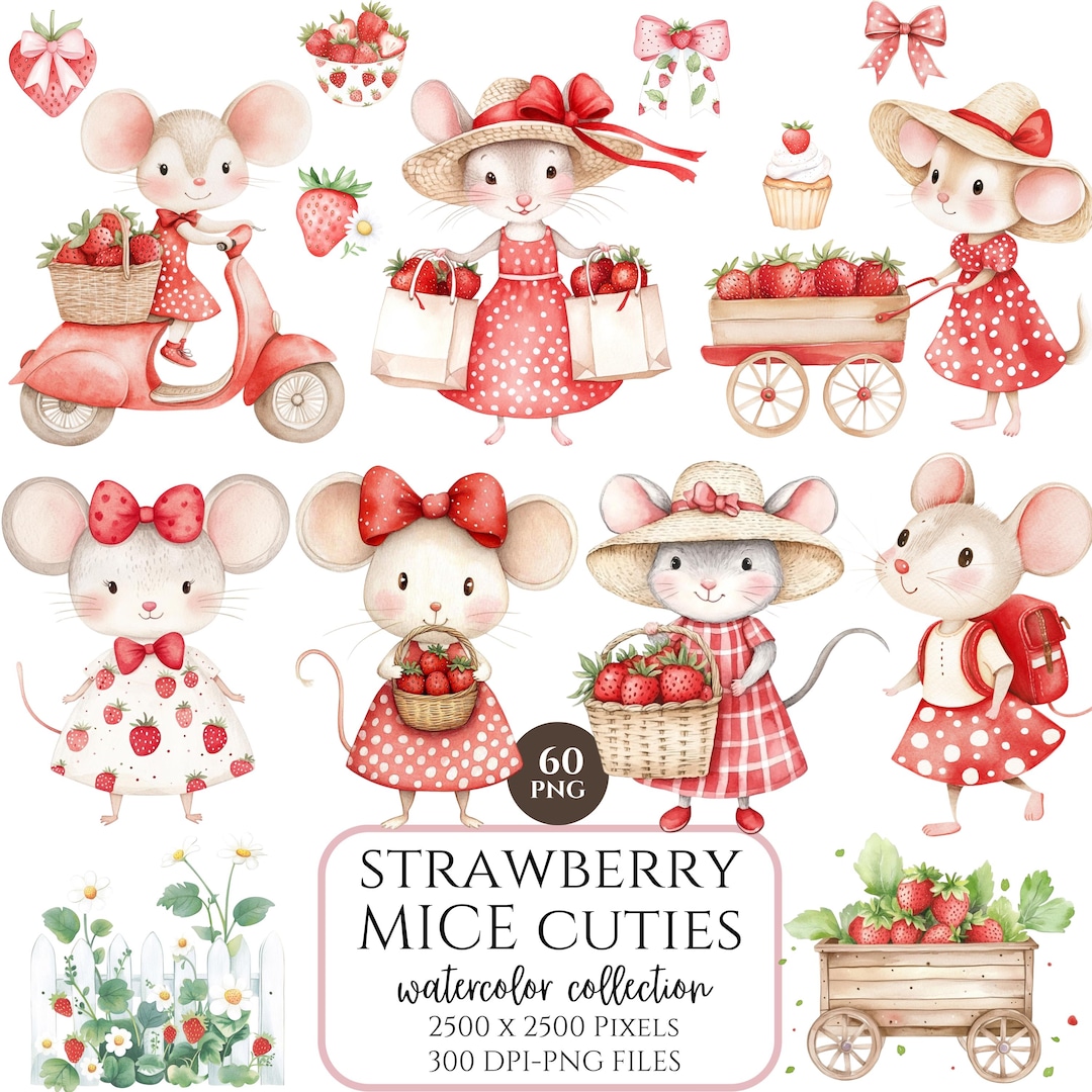 Strawberry Mouse Clipart PNG, Cute Mice Spring Cottagecore, Farmcore ...