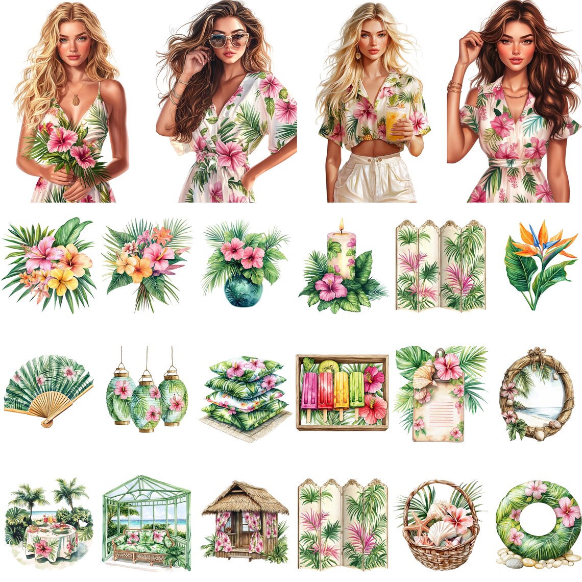 Watercolor Summer Tropical Clipart, Beach Vacation PNG, Tropical Nature ...