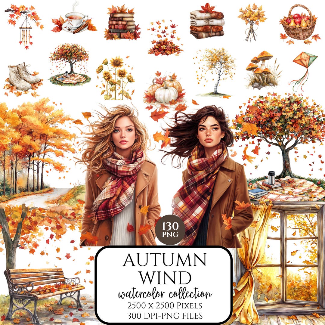 Watercolor Autumn Clipart, Fall Windy Days PNG Bundle, Cozy Cottagecore ...