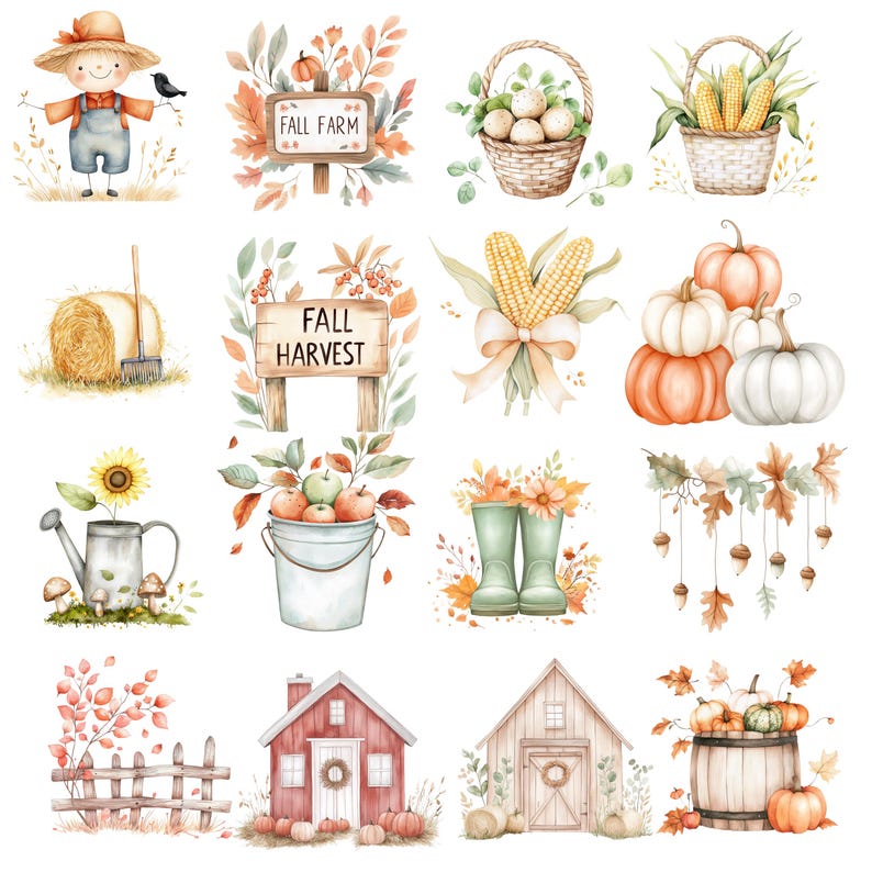 Fall Farm Clipart Bundle, Autumn Kids & Animals PNG, Whimsical Pumpkins ...