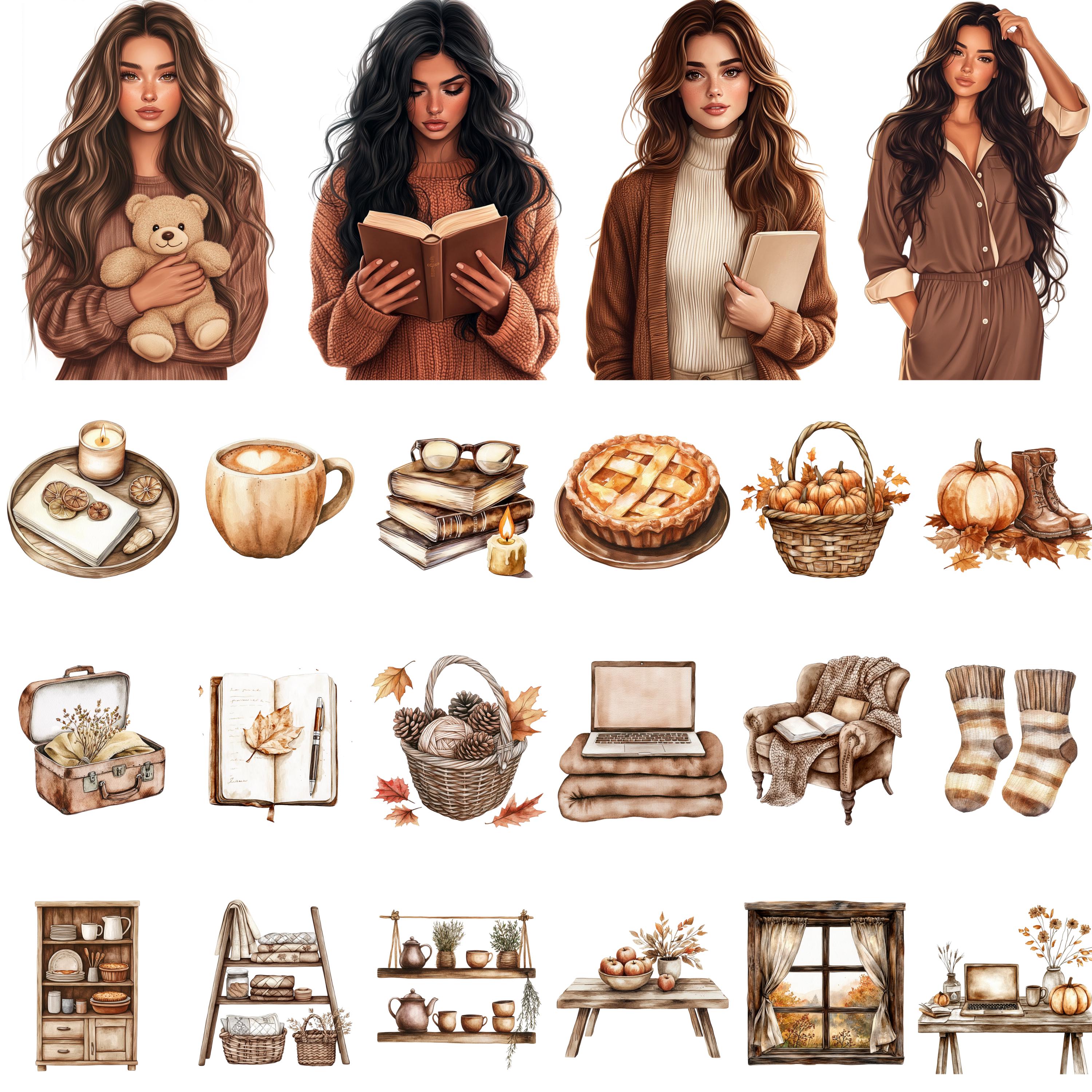 Cozy Fall Clipart Bundle, Watercolor Autumn Graphics, Coffee & Floral ...
