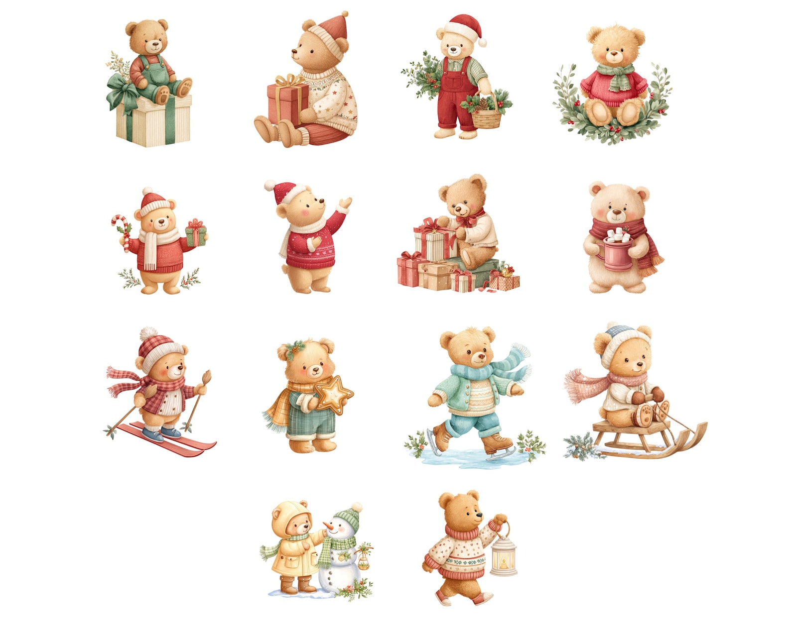 Watercolor Christmas Teddy Bear Clipart Set: PNG Elements (commercial ...